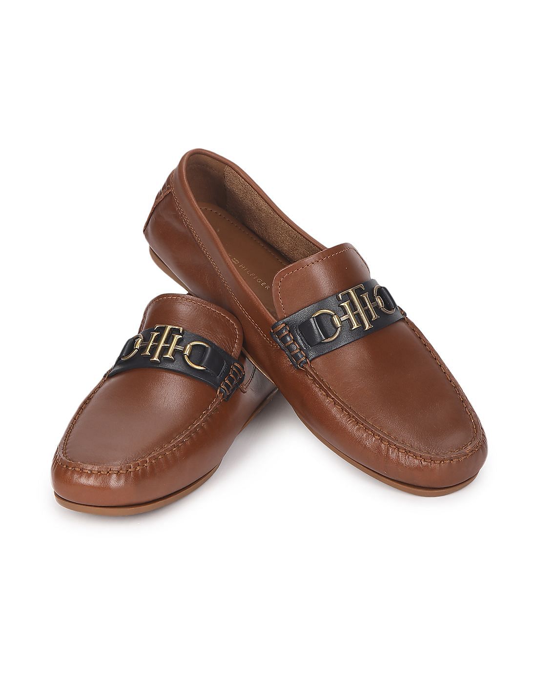Buy Tommy Hilfiger Men Brown Round Toe Metallic Logo Leather Loafers NNNOW